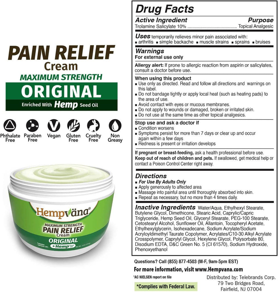 Hempvana Maximum Strength Pain Relief Cream Original with Hemp Seed Oi ...