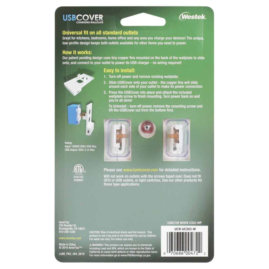 Westek USB Cover Classic Duplex Outlet USB Charging Wall Plate White ...